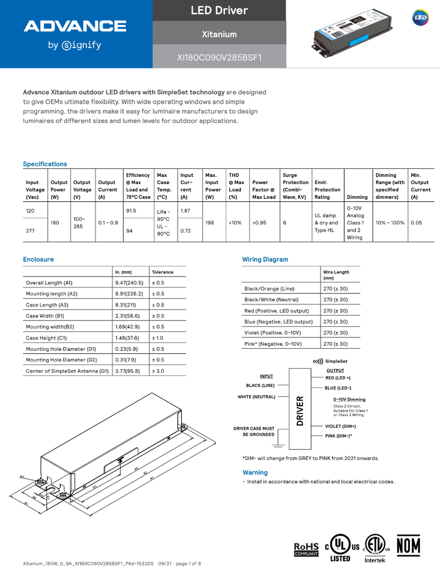 Advance XI180C090V285BSF1 LED Driver SUB GEN 2 — LEDandDriver